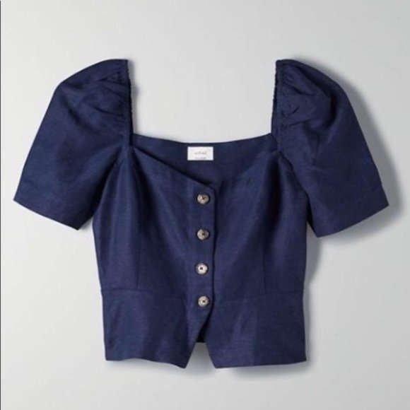 Aritzia | Tops | Wilfred Janine Top Button Front Linen Navy Blue Xs ...